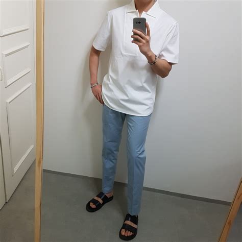 반팔 카라티 남자 면바지 코디 가죽 슬리퍼[유뱅의 데일리룩 블로그] 네이버 블로그
