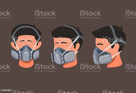 人戴呼吸器安全面罩在卡通插圖向量中側角和前角圖示集概念中產生灰塵或化學污染向量圖形及更多呼吸面罩圖片 呼吸面罩 防護口罩 氣體