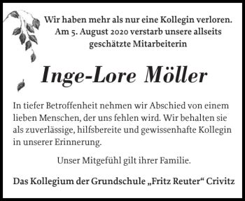 Traueranzeigen von Inge Lore Möller Trauer Nordkurier