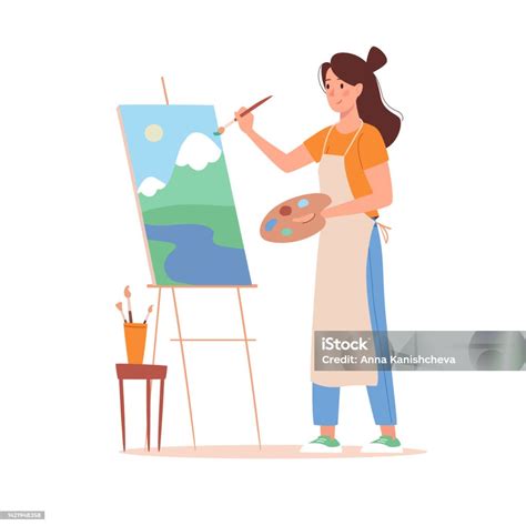 한 여성이 이젤에서 그림을 그립니다 어린 소녀가 수채화와 기름으로 산의 풍경을 그립니다 아티스트의 손에 브러시와 팔레트 플랫