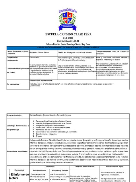 Unidad 4 Enero El Informe De Lectura Lenesp 4to Planificacion