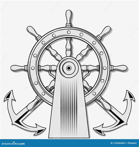 Ship Steering Wheel And Crossed Nautical Anchors Vector Illustration Stock Vector