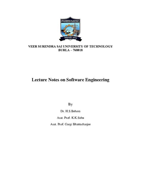 Lecture Notes On Software Engineering Veer Surendra Sai University Of