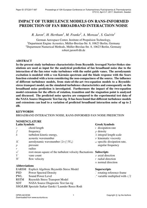 Pdf Impact Of Turbulence Models On Rans Informed Prediction Of Fan Broadband Interaction Noise