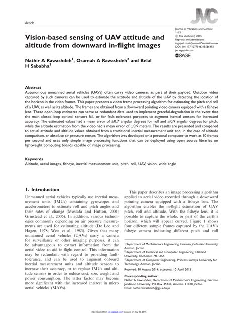 Pdf Vision Based Sensing Of Uav Attitude And Altitude From Downward