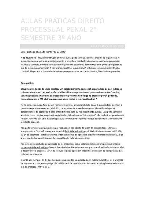 Aulas práticas direito processual penal º semestre º ano Direito Processual Penal I Studocu