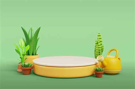 화분에 집 식물이 있는 3d 노란색 연단과 녹색 배경에 물뿌리개 렌더링 화장품 미용 제품 전시 꽃집 판매 쇼케이스 가정 정원 관리를 위한 여름 장면 디지털 생성 이미지에