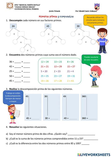 Hoja De Trabajo De Números Primos Y Compuestos Con Respuestas