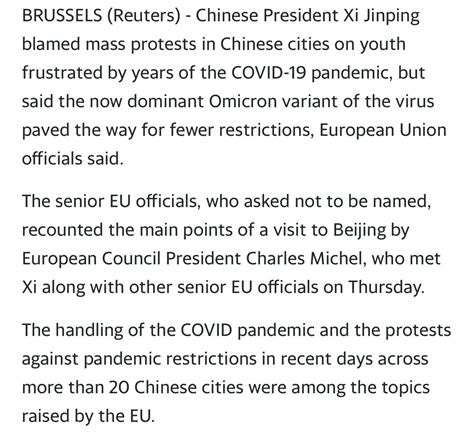 方舟子 on Twitter 习近平会见欧盟代表团时说中国各地爆发的抗议主要是学生或年轻人对三年的封控不满引起的由于奥密克戎毒性比德尔