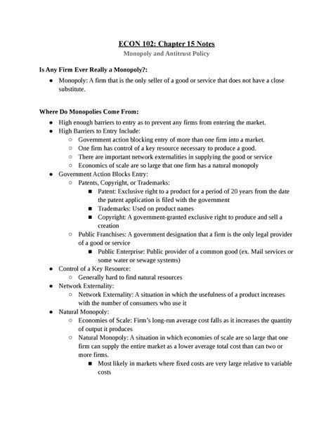ECON 102 Chapter 15 Notes ECON 102 Chapter 15 Notes Monopoly And