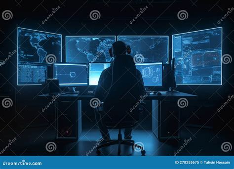 Hacker Sitting At A Desk Monitors AI Generative Stock Illustration Illustration Of Hacking