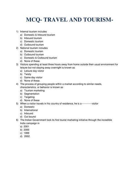 Tourism Mcq Questions Any Mcq Travel And Tourism Internal Tourism Includes A Domestic