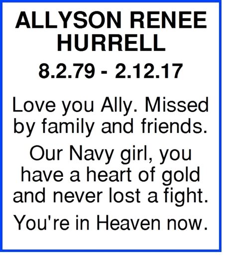 Allyson Renee Hurrell Tributes Newcastle Herald Newcastle Herald