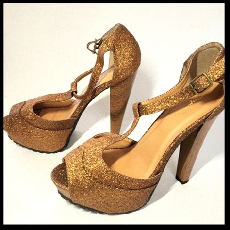 Qupid Shoes Qupid Sparkle Bronze Peep Toe Platform Thick Stilettos
