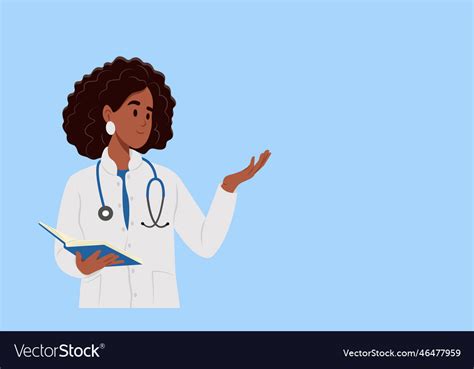 A Black Female Doctor In White Coat Is Pointing Vector Image