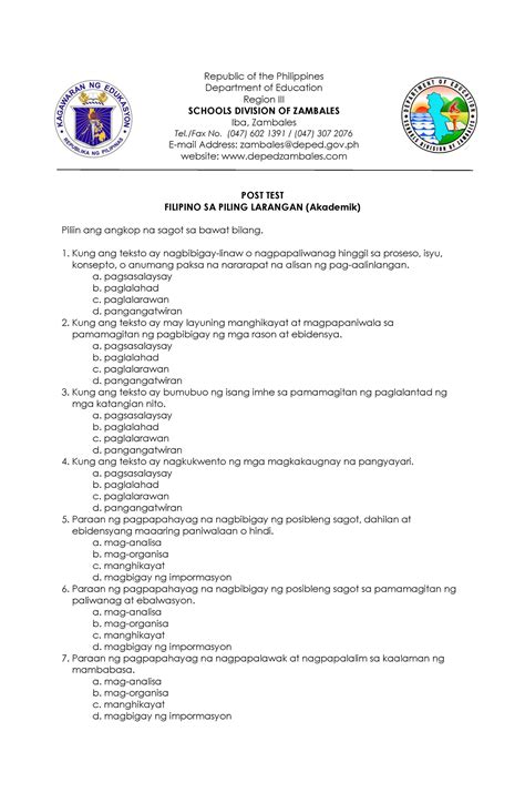 POST TEST Filipino SA Piling Larangan Ak POST TEST FILIPINO SA PILING LARANGAN Akademik