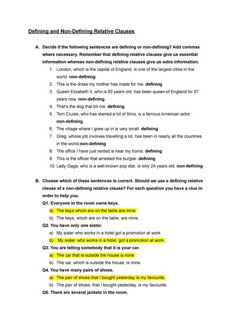 Defining And Non Defining Relative Clauses Decide If The Following
