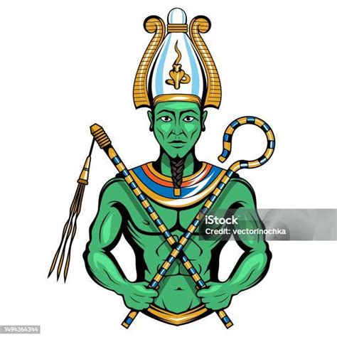 오시리스 고대 이집트 신의 벡터 삽화는 죽은 자의 군주이며 녹색 피부로 다시 태어났으며 그의 손에 힘의 상징을 들고 있습니다 고대의에 대한 스톡 벡터 아트 및 기타 이미지