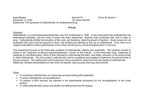 Sulfanilamide Synthesis Pre Lab Report Organic Chemistry