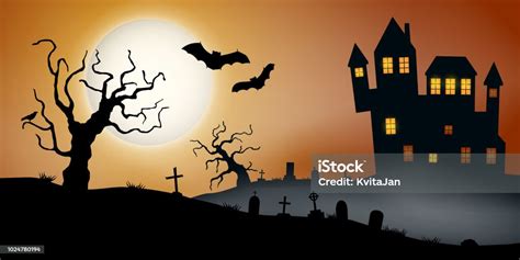 Scary Vector Haloween Landscape With A Haunted House A Graveyard And