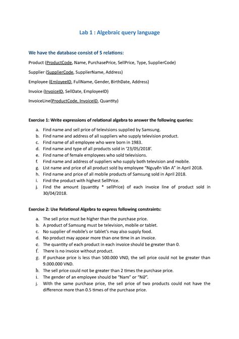 Lab 1 Ra Asasd Lab 1 Algebraic Query Language We Have The