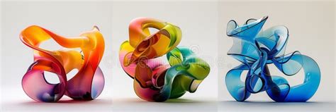 Three Different Colored Glass Sculptures Each With An Abstract Shape