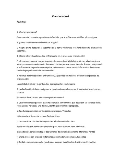 Cuestionario 4 Pdf Roca ígnea Magma