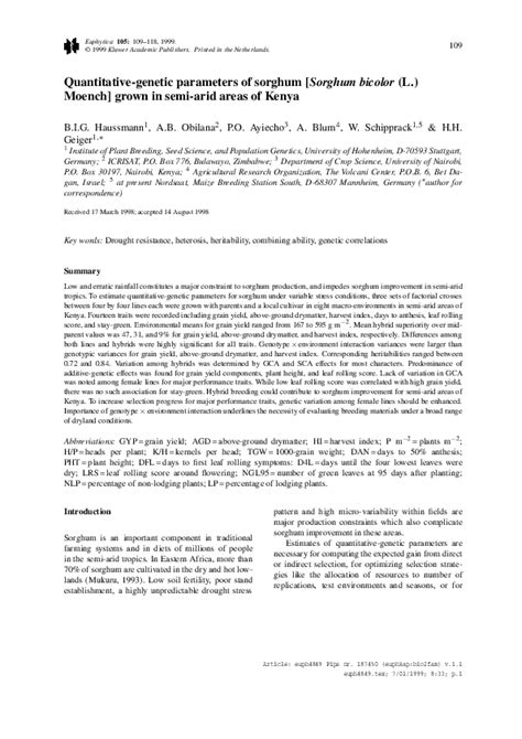Pdf Quantitative Genetic Parameters Of Sorghum Sorghum Bicolor L