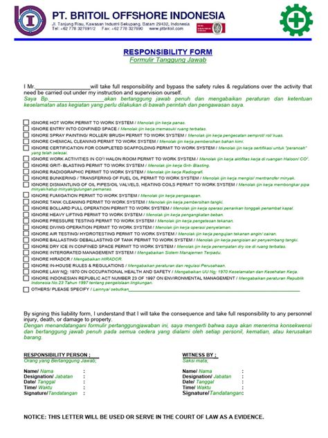 Responsibility Form New Pdf