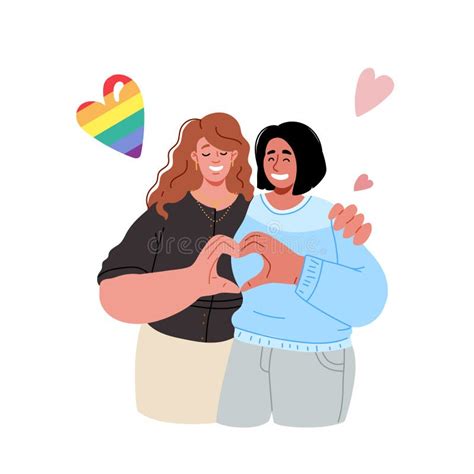 Lesbian Couple Huggingmaking Heart With Handsvector Flat Illustration