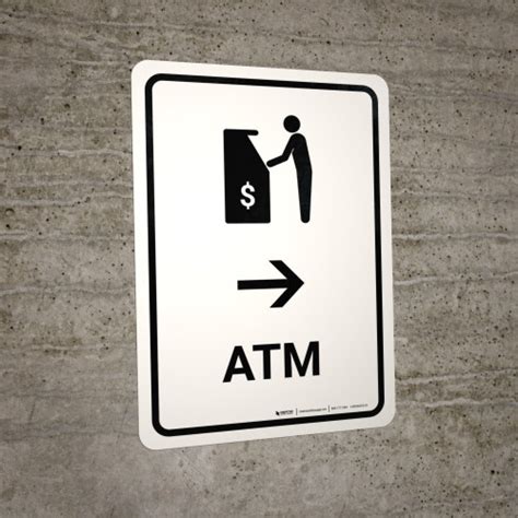 Atm With Right Arrow White Portrait Wall Sign