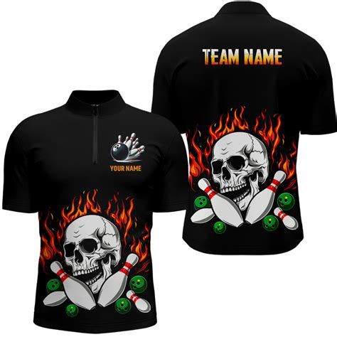 Flame Bowling Skull Mens Bowling Polo Quarter Zip Shirts Custom Team