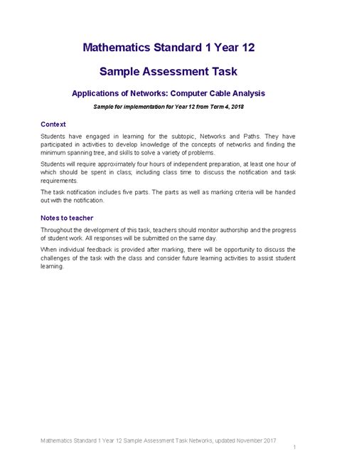 Sample Formal Assessment Task Year 12 Mathematics Standard 1 Networks Mathematics Standard 1