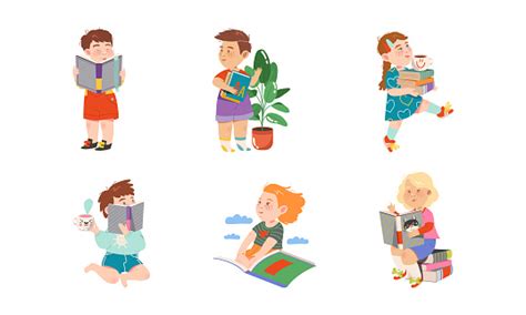 재미있는 어린 소년과 소녀 오픈 북 읽기 및 환상 벡터 일러스트 레이 션 세트 아이에 대한 스톡 벡터 아트 및 기타 이미지 아이 읽기 교육 Istock