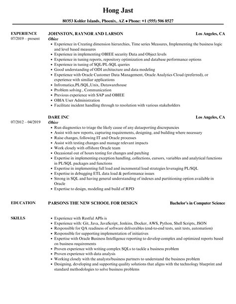 Obiee Resume Samples Velvet Jobs