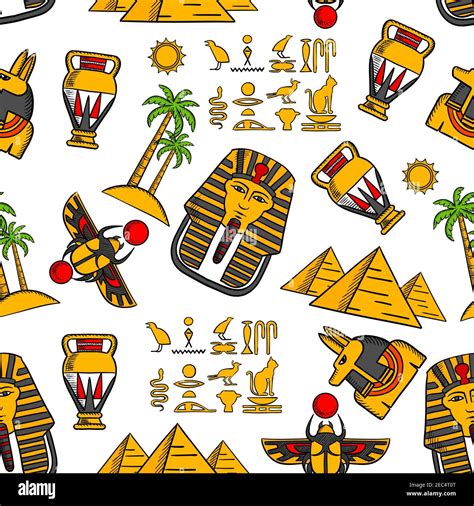 Seamless Pattern Of Ancient Egyptian Hieroglyphics Pharaoh Masks And