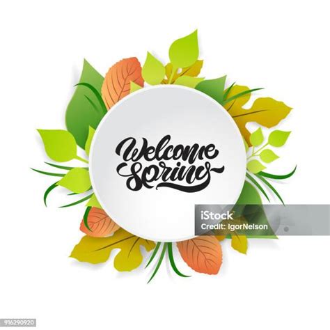 봄을 라운드 프레임을 환영 합니다 공 손 한 봄 봄 시즌 Leafs에 대 한 카드 및 글자 벡터 일러스트 레이 션 디자인입니다