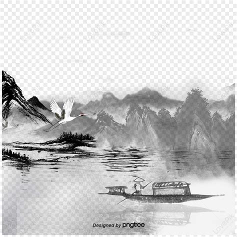 River Water Distant Mountains Scenery Chinese Wind Illustration Cartoon