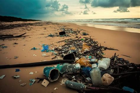 Beach Littered With Plastic Bottles And Other Waste With Clear Blue