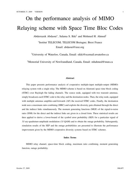 Pdf On The Performance Analysis Of A Mimo Relaying Scheme With Space