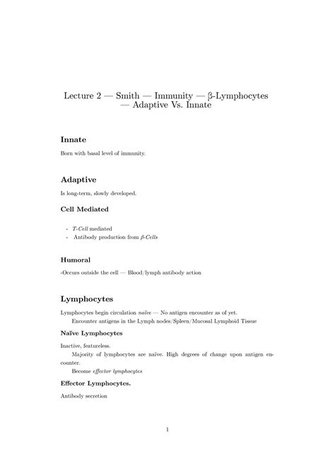 Lecture Immunity β Lymphocytes Adaptive Vs Innate Lecture Smith Immunity Adaptive