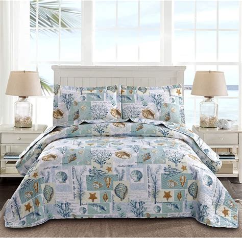 Jessy Home Ocean Beach Quilts Set Queenfull Size Conch Seashell