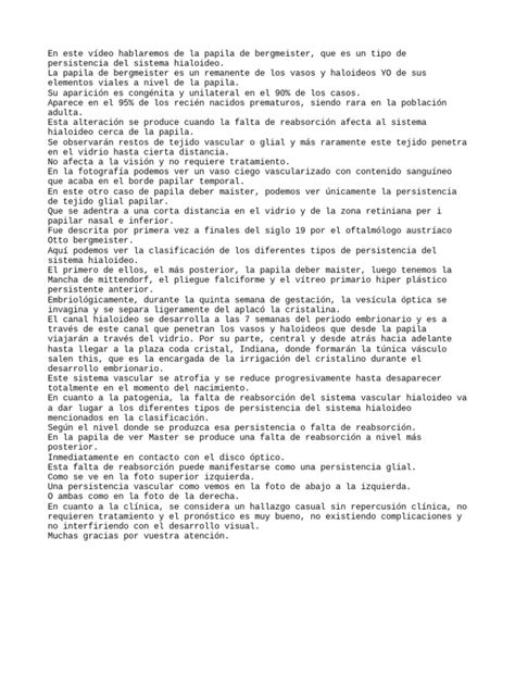 Papila De Bergmeister Persistencia Del Sistema Hialoideo Pdf