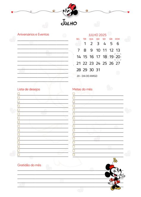Calendario Mensal Julho Planner Minnie 25 Fazendo A Nossa Festa