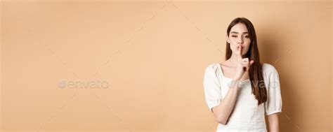 Sensual Cute Girl Hiding Secret Showing Hush Gesture Make Shhh Sound