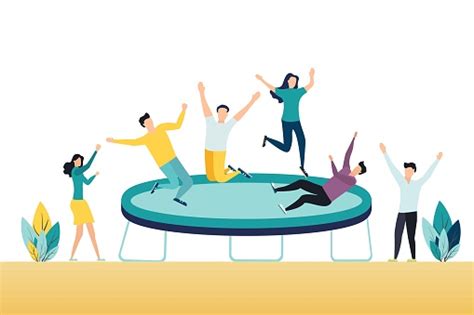 트램폴린에 점프 행복 한 청소년 친구 응원 재미 점프와 수신 거부 여가 시간 활동 놀이 공원 기업 파티 엔터테인먼트를 갖는 젊은 사람들 만화 플랫 벡터 일러스트 가공의