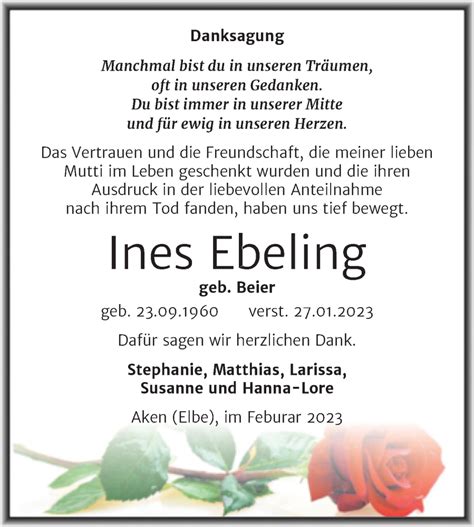 Traueranzeigen Von Ines Ebeling Abschied Nehmen De