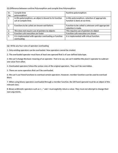 Oop Qb Oop Que Bank Q1 Between Runtime Polymorphism And Compile Time Polymorphism Sr No