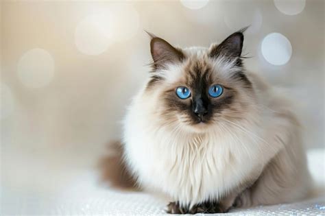 Premium Photo Fluffy Ragdoll Cat With Blue Eyes Sitting On A Light