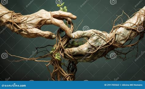 Anatomical Human Hand Transformed Into A Tree Branch And Covered In Roots AI Generated Stock